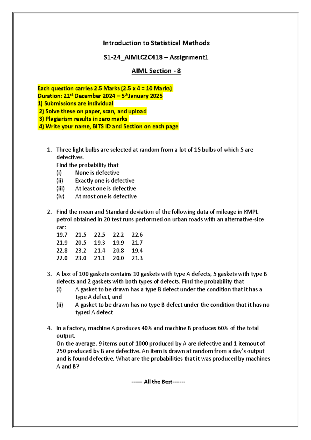 AIML Section-8 - Assignment 1 - Introduction to Statistical Methods S 1 ...