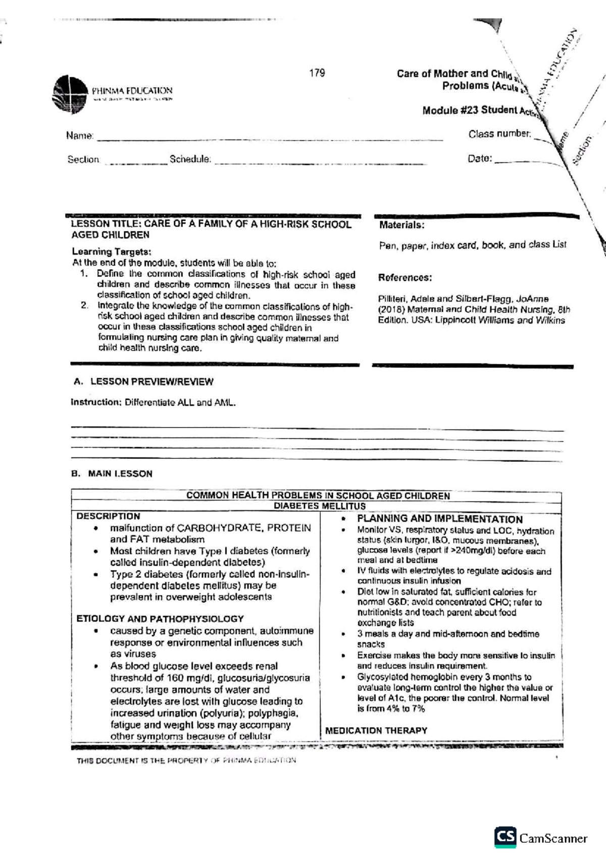 EDUCATION 179 Lesson on Care of School-Aged Children and Common ...