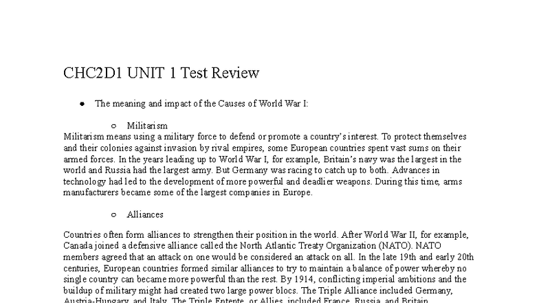 CHC2D1 Unit 1 Test Review: Causes and Impact of WWI - Studocu