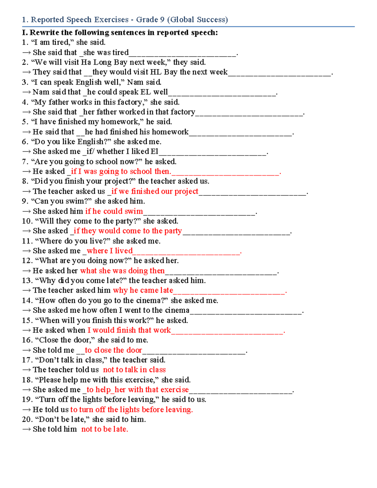Reported Speech & WISH Exercises for Grade 9 (Global Success) - Studocu