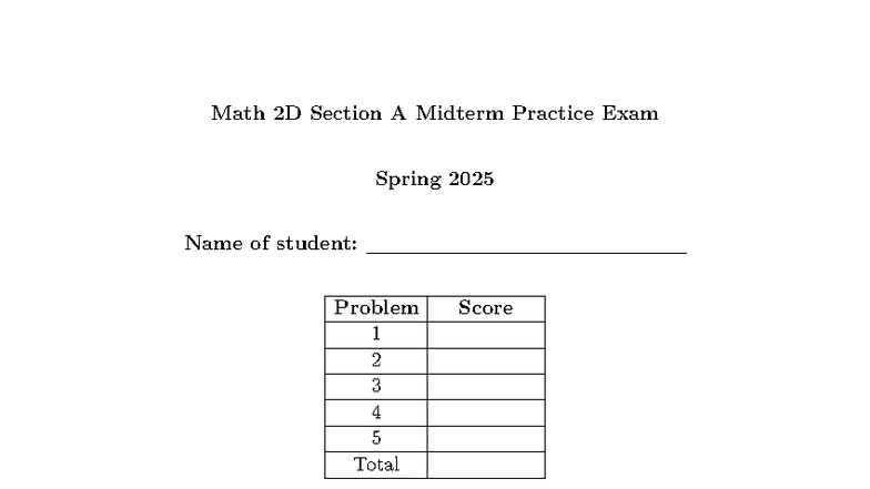 Math 2D Section A Midterm Practice Exam Spring 2025 - Studocu