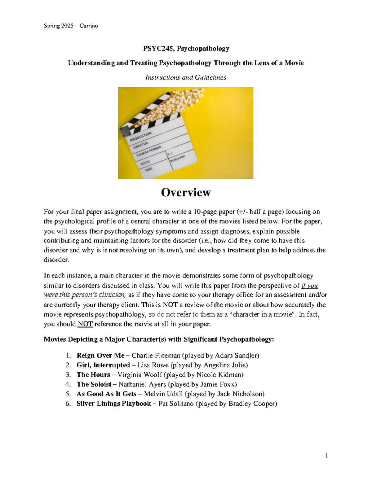 PSYC245 Final Paper: Diagnosing & Treating Psychopathology in Film ...