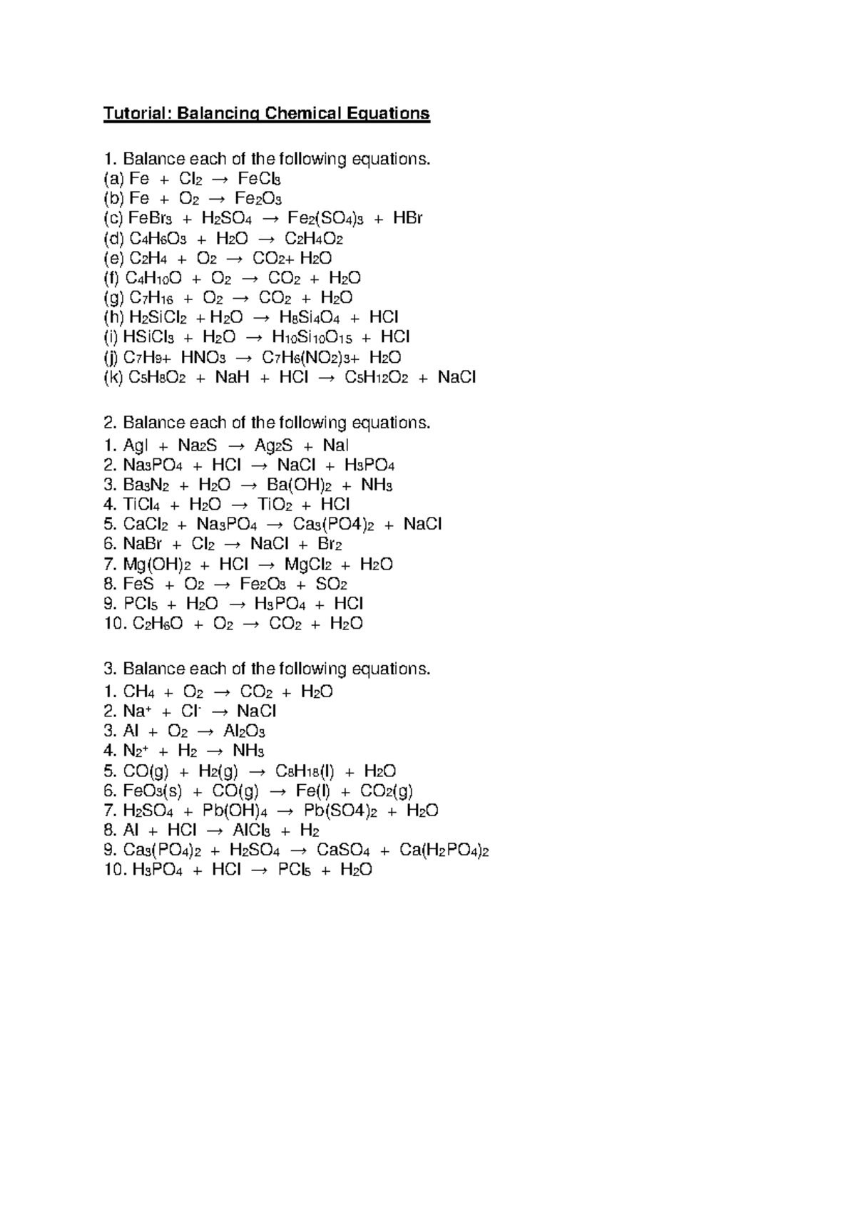 Tutorial: Balancing Chemical Equations (CHEM101) - Studocu
