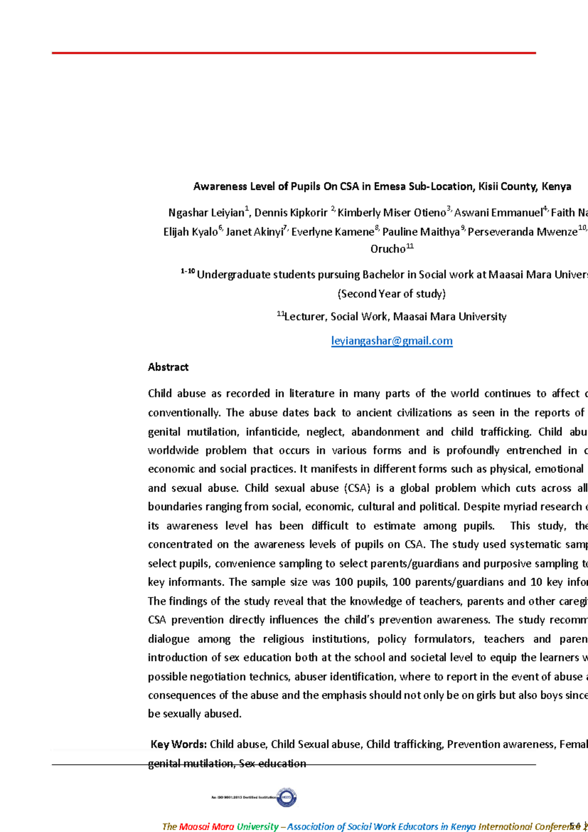 Emesa - Lecture notes - Awareness Level of Pupils On CSA in Emesa Sub ...