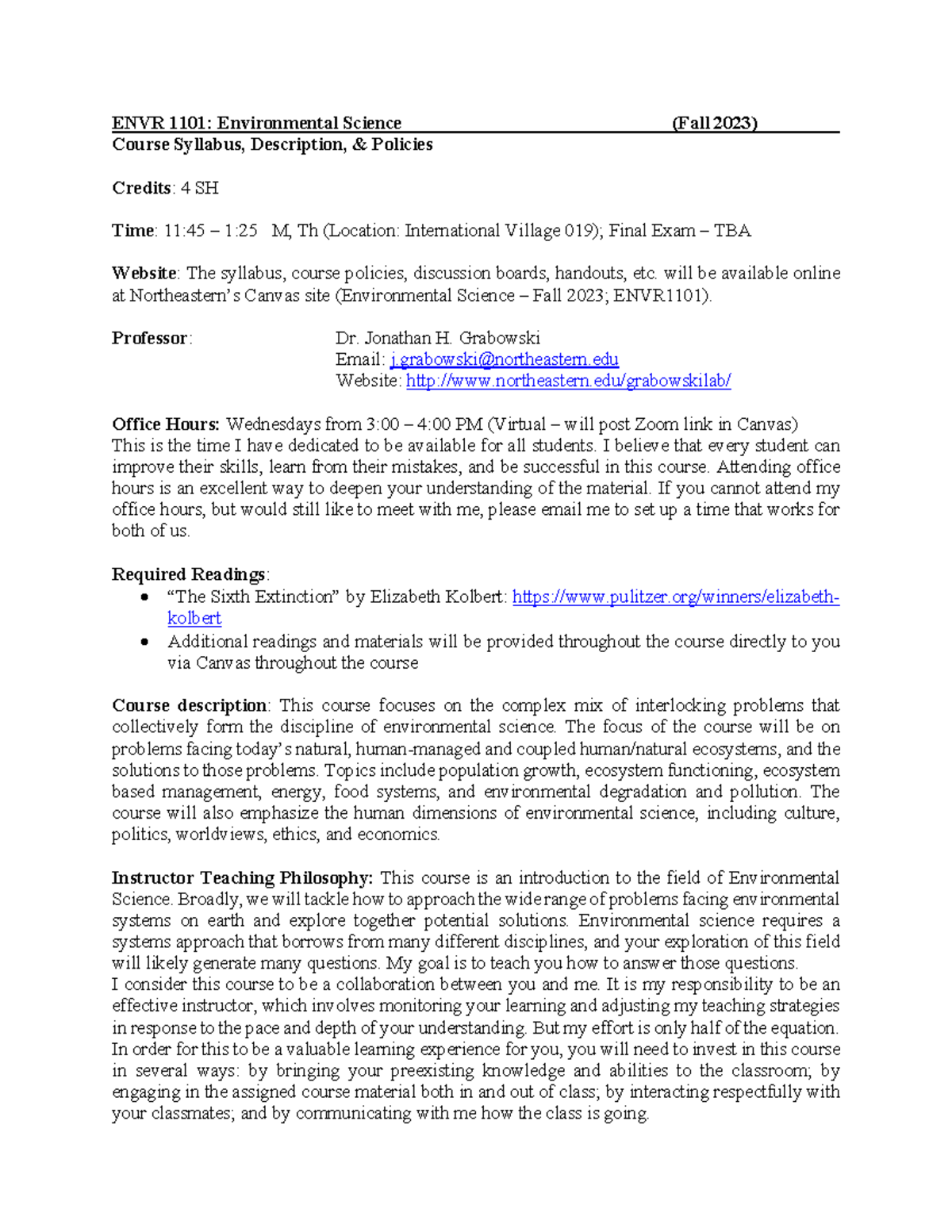 ENVR 1101: Environmental Science Syllabus & Course Overview (Fall 2023 ...