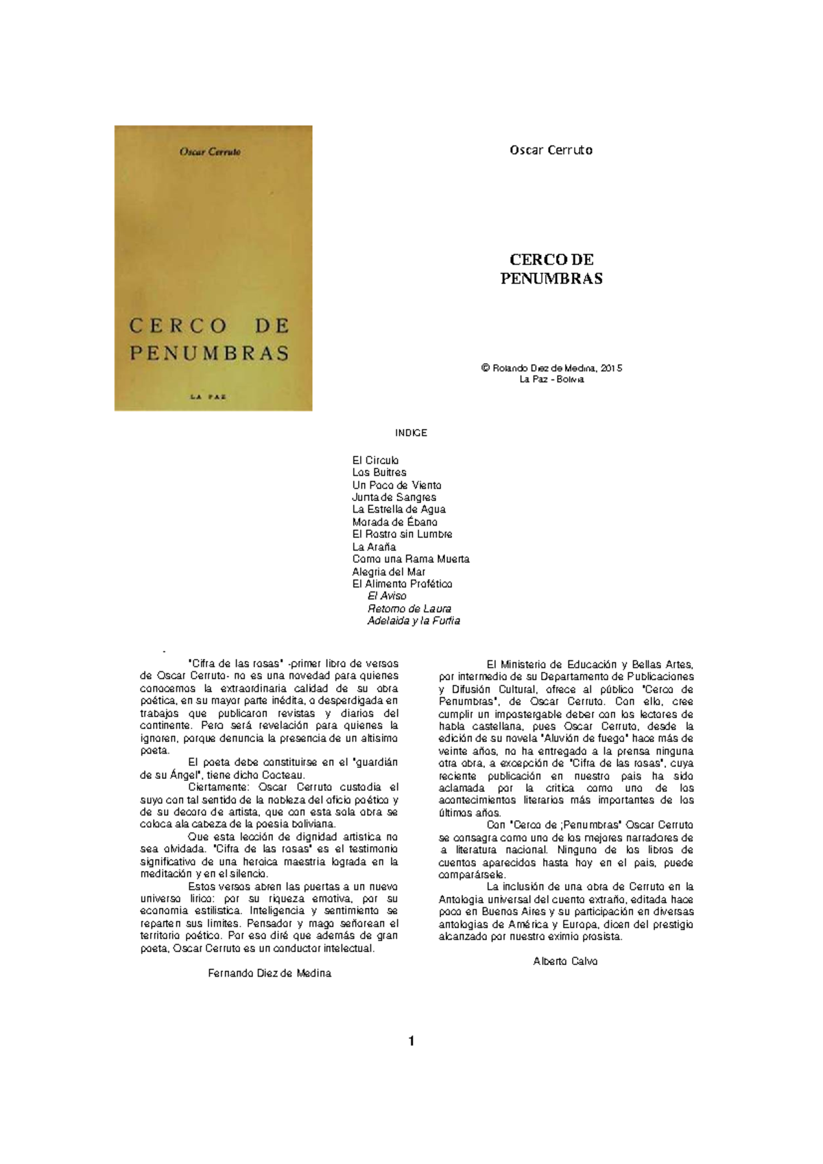 Cerco de Penumbras: Análisis de la Obra de Oscar Cerruto (LIT 101 ...