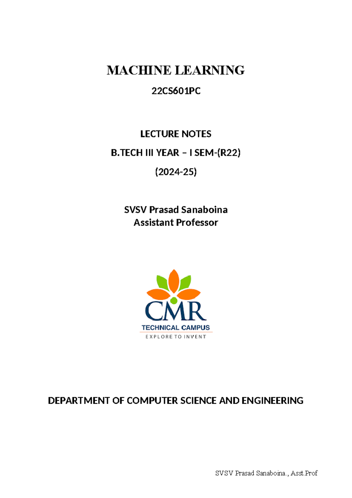 Unit-I Lecture Notes on Machine Learning - 22CS601PC - Studocu
