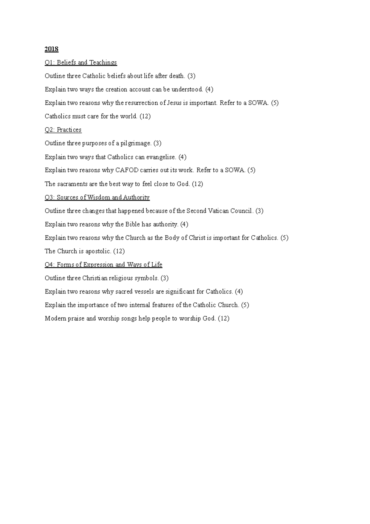 Practice Exam Questions 2025: Catholic Beliefs, Practices, and ...