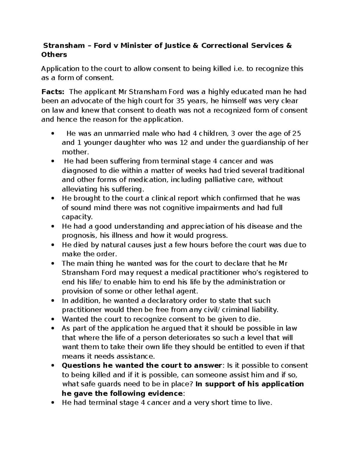 Stransham Ford v Minister of Justice: Consent to Euthanasia Case Study ...