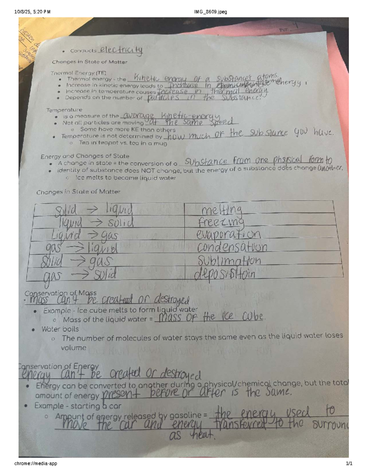 5:20 PM Lecture Notes: Changes in State of Matter & Thermal Energy ...