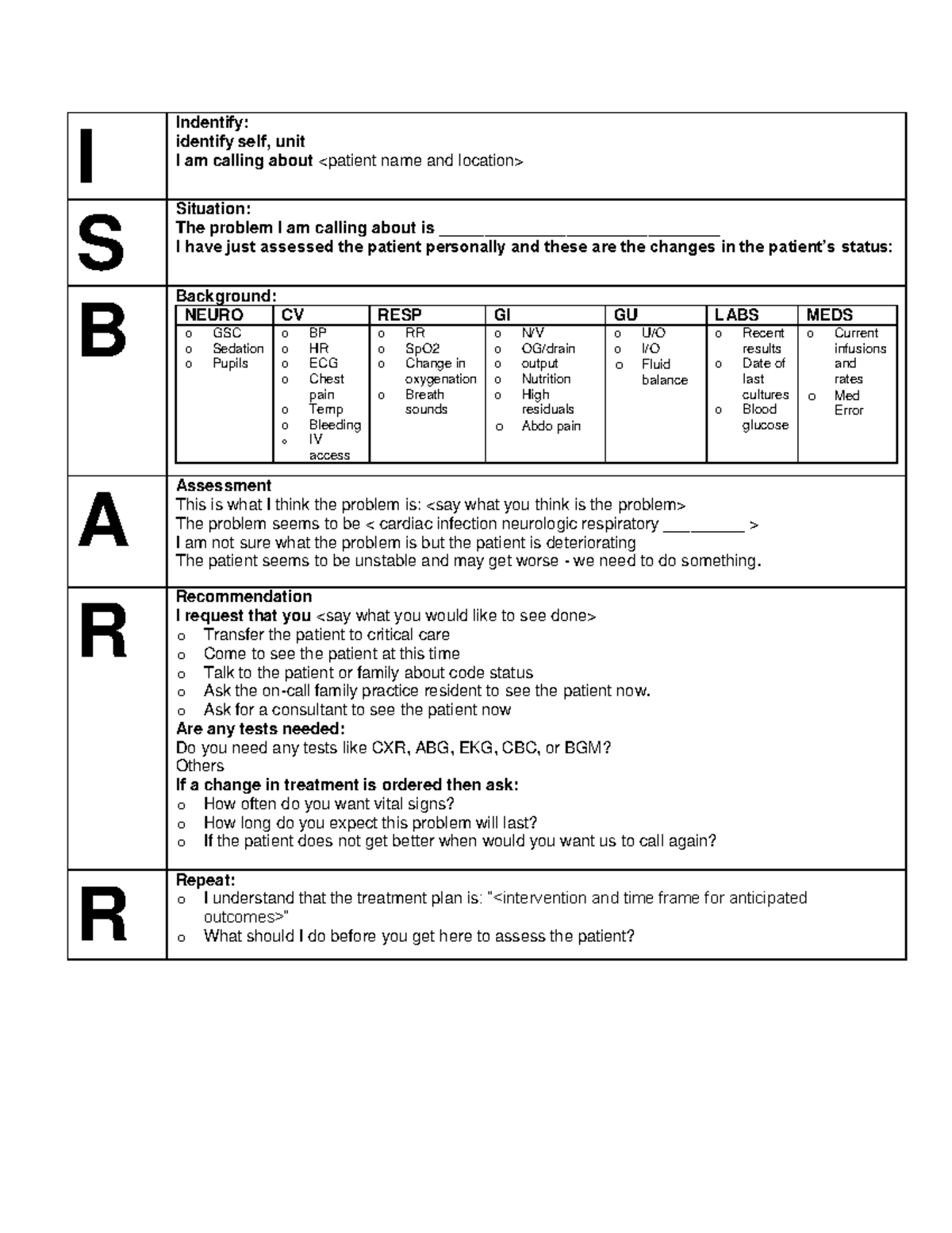 ISBAR Communication: Patient Assessment & Recommendations - Studocu