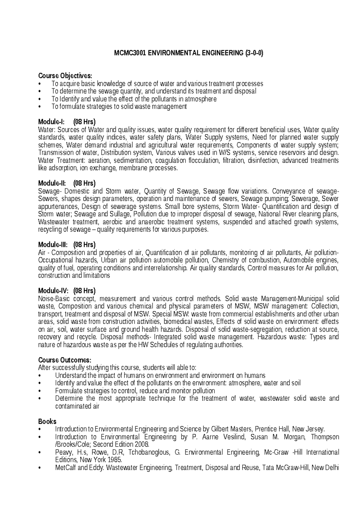 MCMC3001 Environmental Engineering Course Overview and Objectives - Studocu