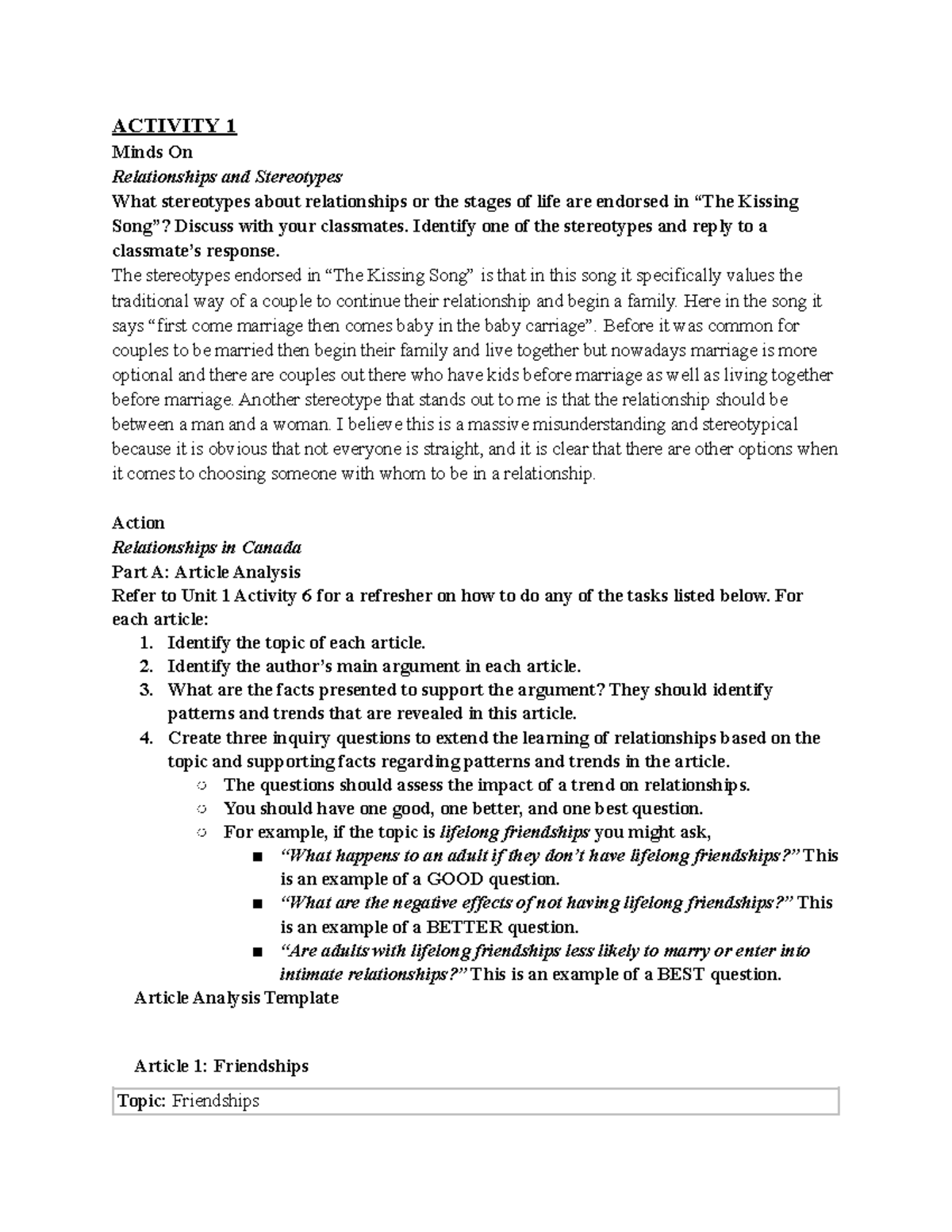 Unit 3 - Lecture notes 1 - ACTIVITY 1 Minds On Relationships and ...