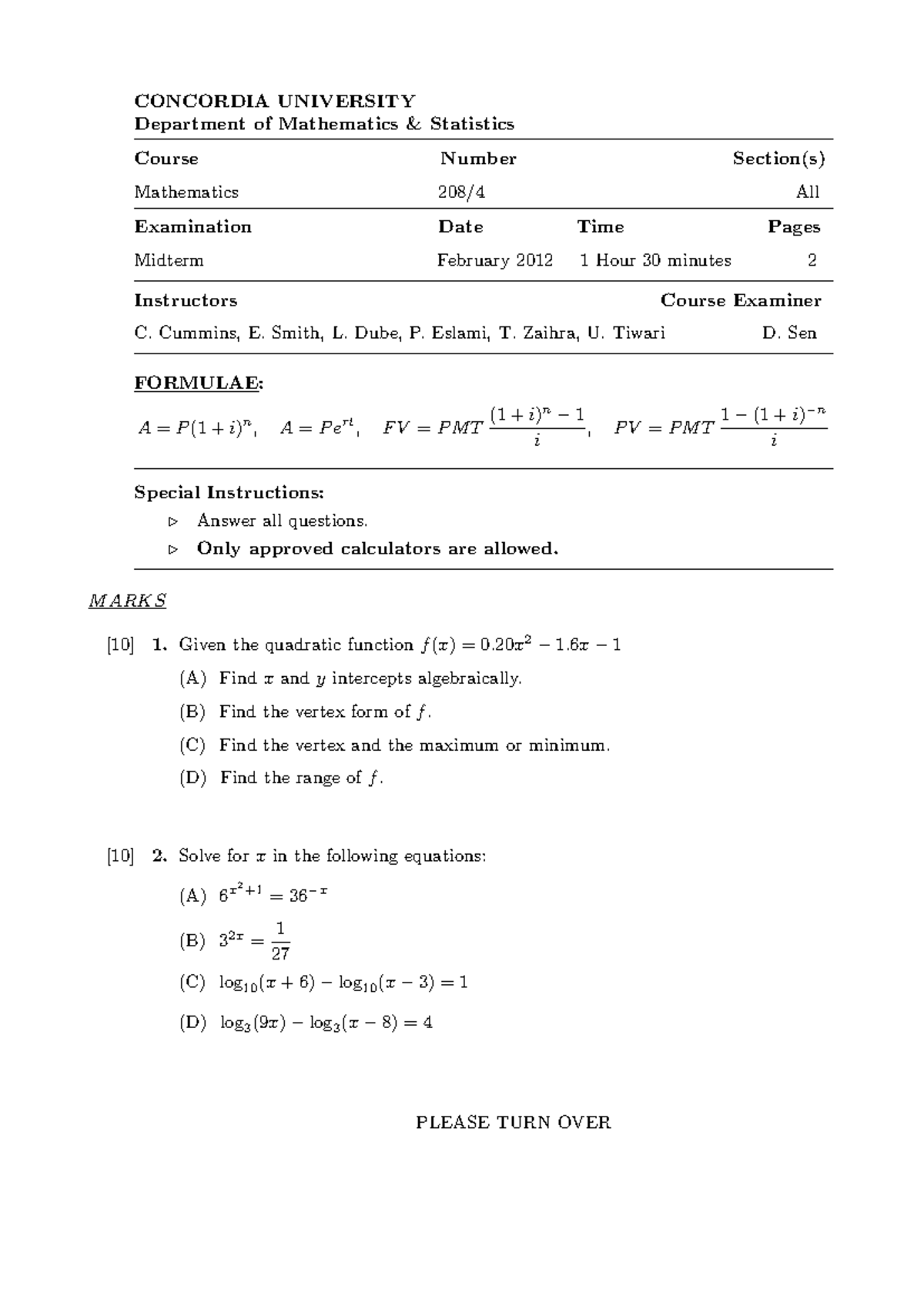 MATH 208 Midterm Exam Review - Winter 2012 - Studocu