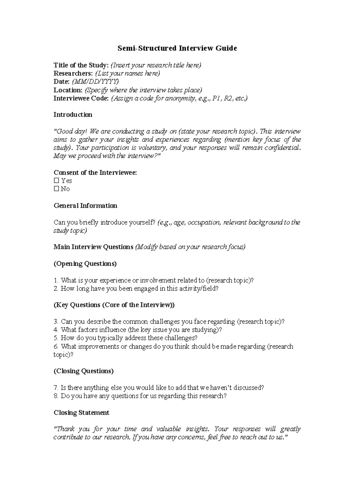 Research- Instrument - Semi-Structured Interview Guide Title of the ...