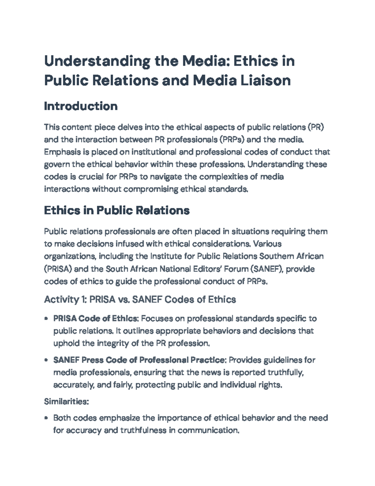 PR Ethics: Understanding Codes of Conduct in Public Relations - Studocu