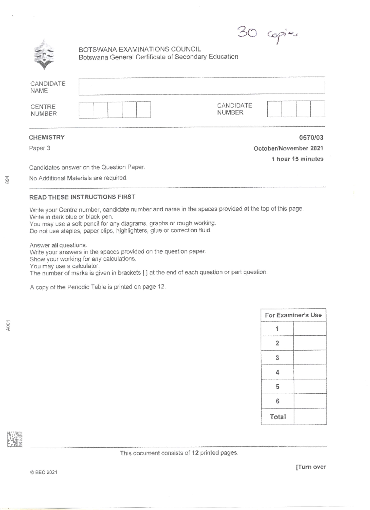 2021 BGCSE Chemistry Paper 3 Exam - Candidate Instructions & Questions ...