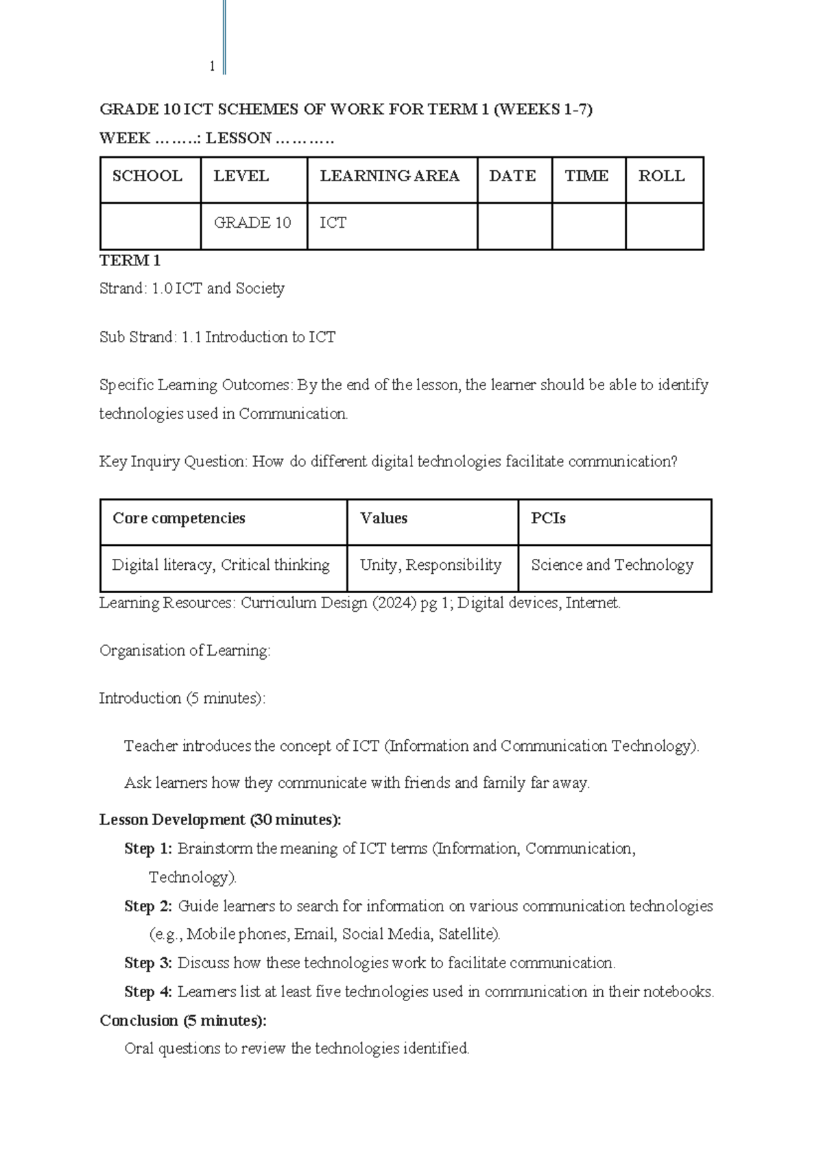 Grade 10 ICT Term 1 Lesson Plans: Exploring ICT and Society - Studocu