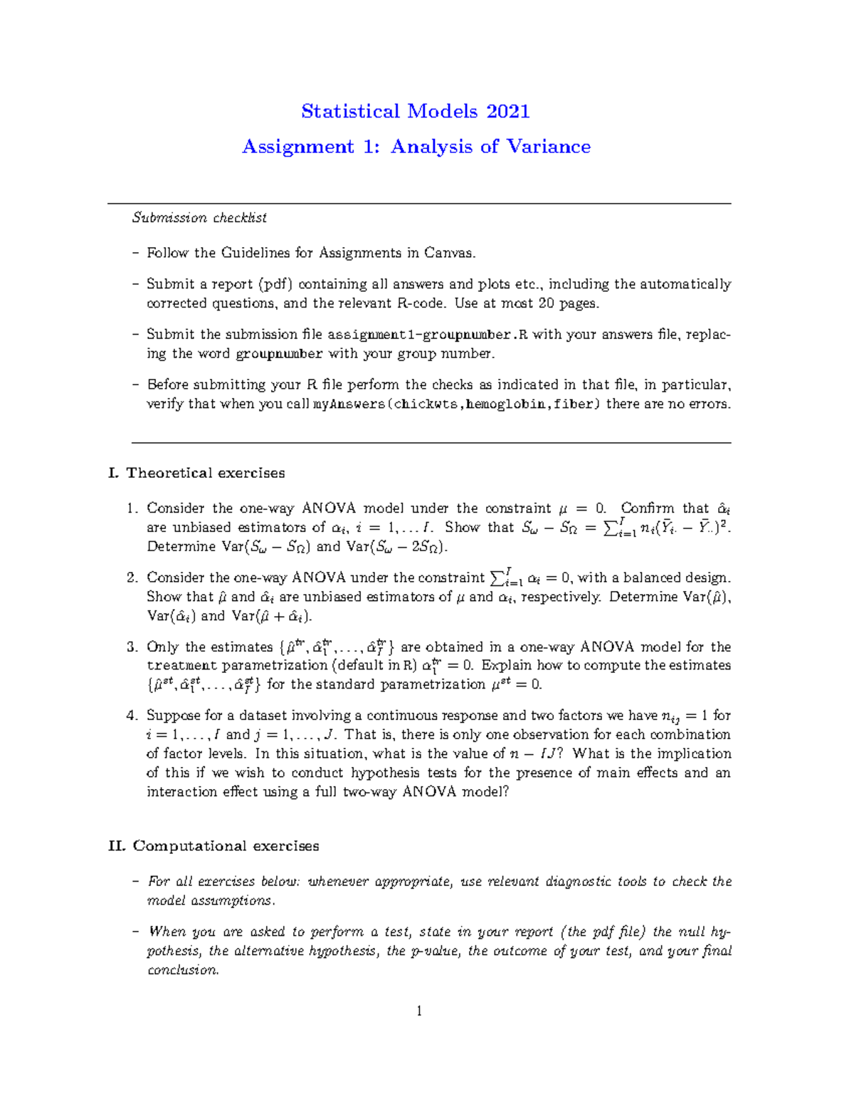Assignment 1: Analysis of Variance - Statistical Models 2021 Assignment 1: Analysis of Variance ...