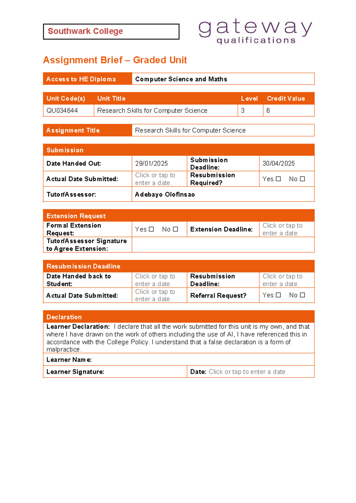 Research Skills for Computer Science (QU034644) - Assignment Brief ...