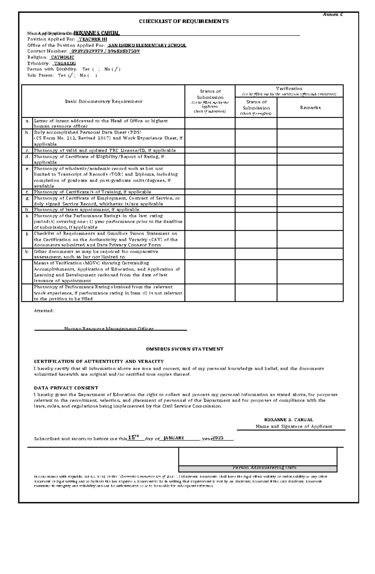 T1-Annex-C Checklist of Requirements for Teacher III Application - Studocu
