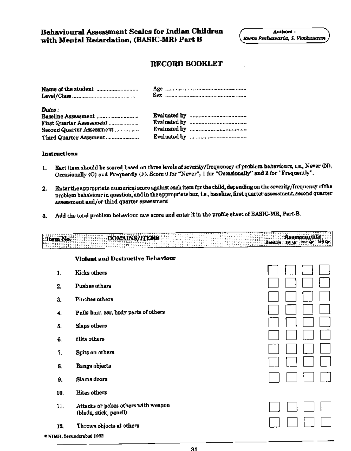 Basic MR Form part-b - BehaviouralAssessmentScalesforIndianChildren r AuitIors: - Studocu