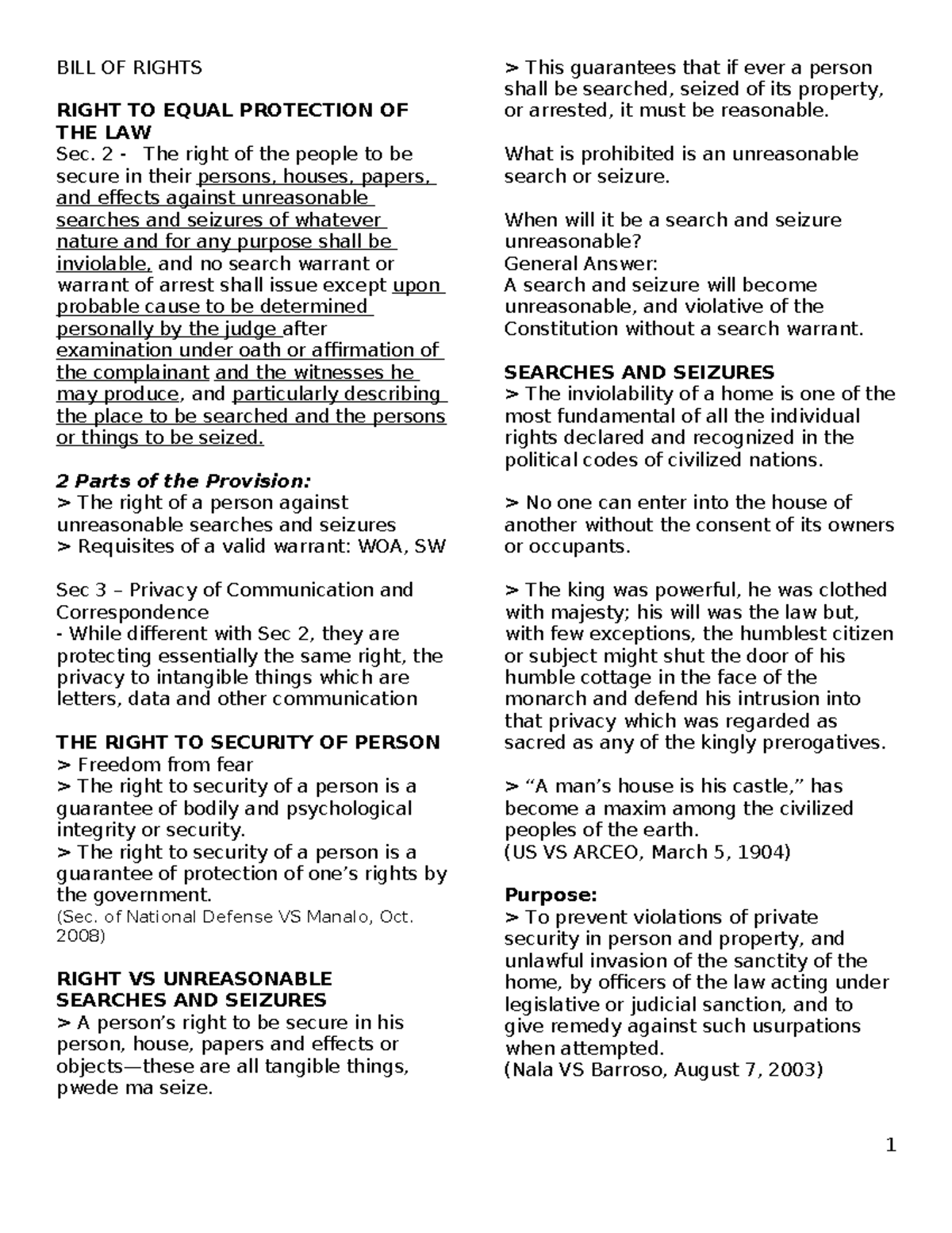 BILL OF RIGHTS: Sec. 2 - Right to Equal Protection & Privacy - Studocu