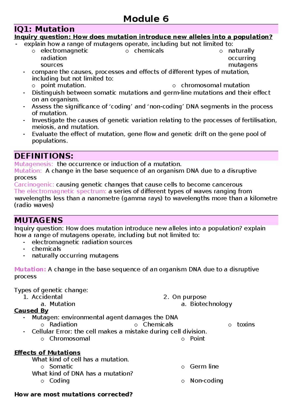 Module 6 bio hsc notes - Module 6 IQ1: Mutation Inquiry question: How ...