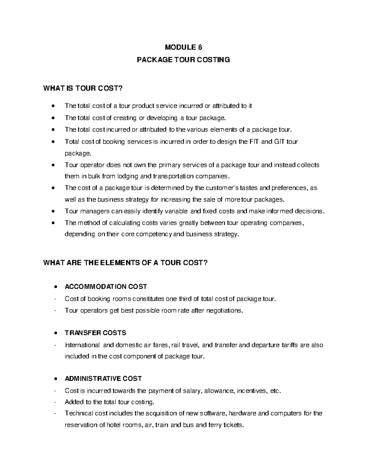 Module 6 Package Tour Costing: Detailed Lecture Notes & Analysis - Studocu