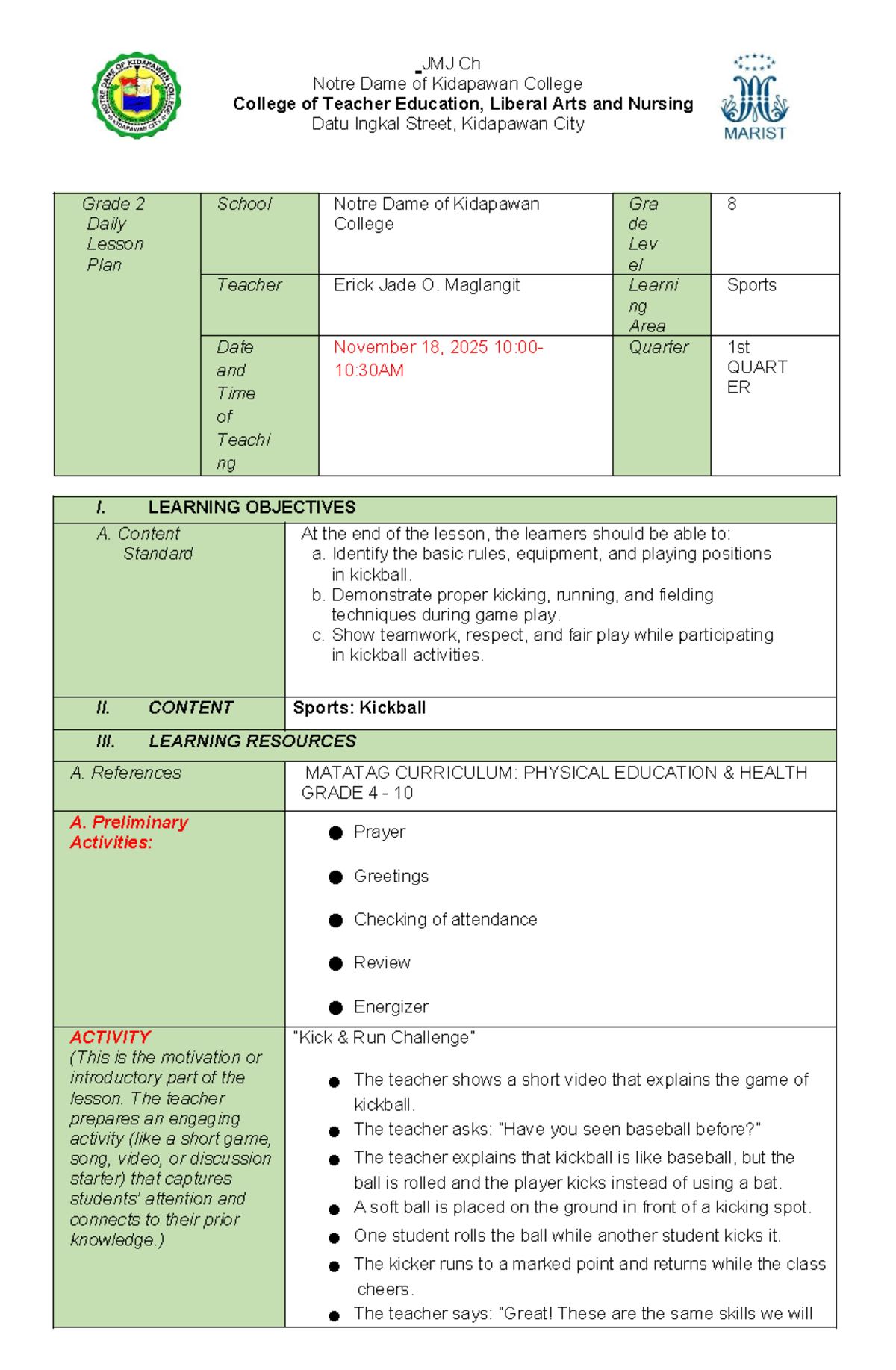 Grade 2 Daily Lesson Plan: Kickball (1st Quarter) - Studocu