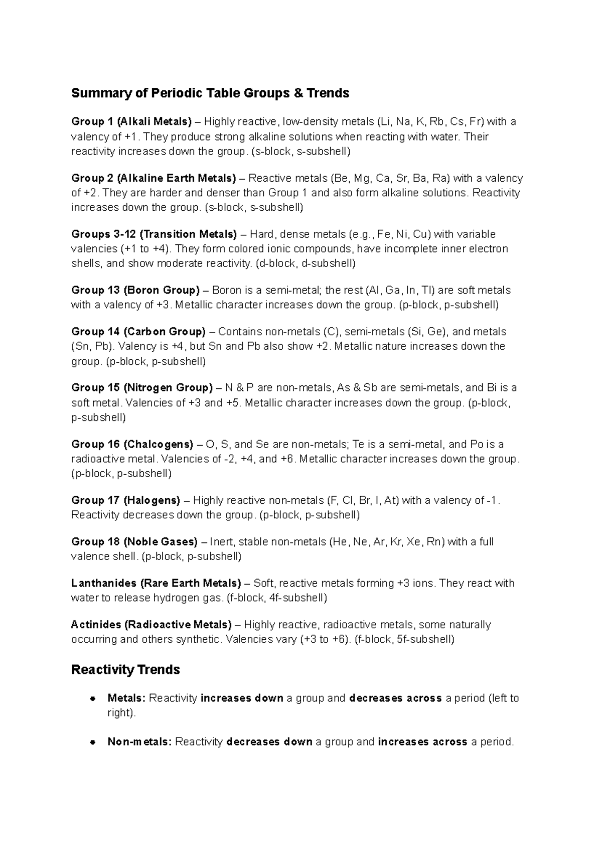 Summary of Periodic Table Groups & Trends (Chem 101) - Studocu