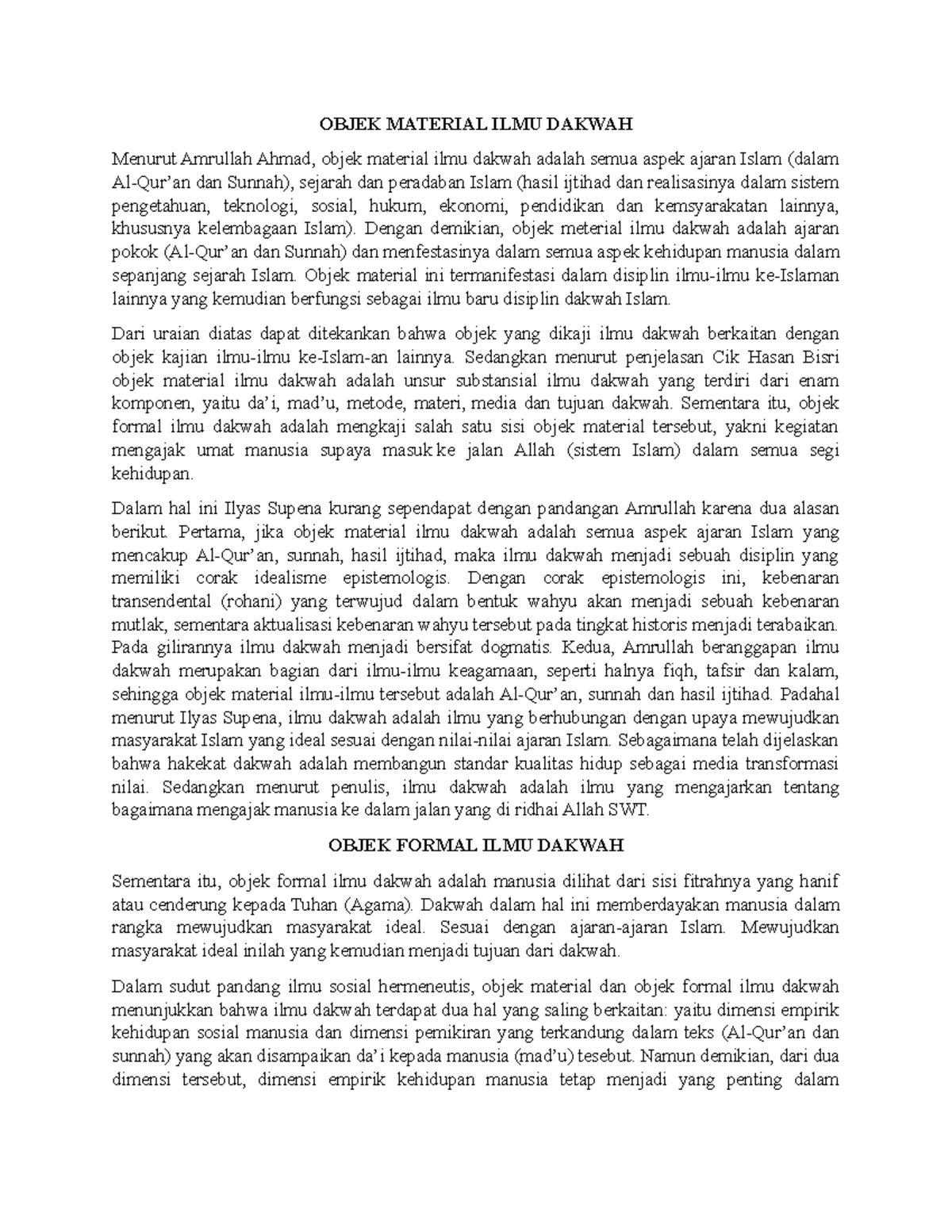 Objek Material dan Formal dalam Ilmu Dakwah: Panduan Lengkap - Studocu