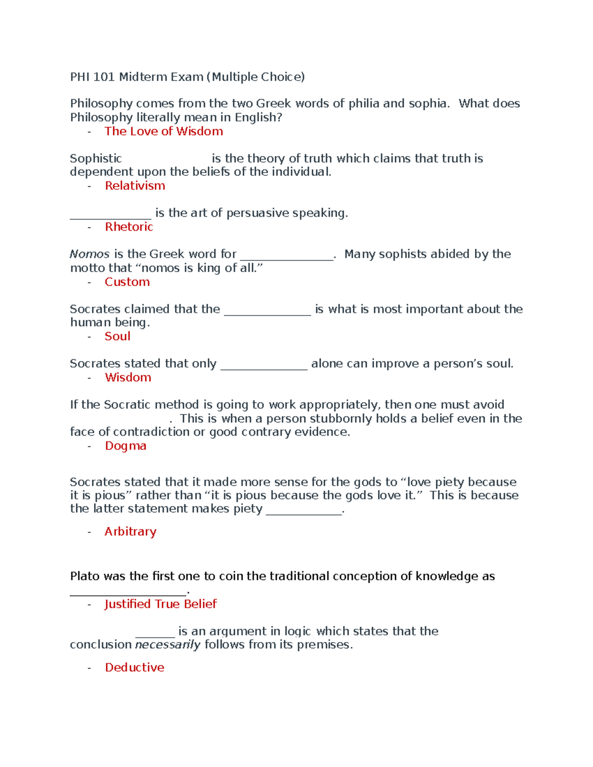 PHI 101 Midterm Exam Study Guide: Key Concepts & Terms - Studocu