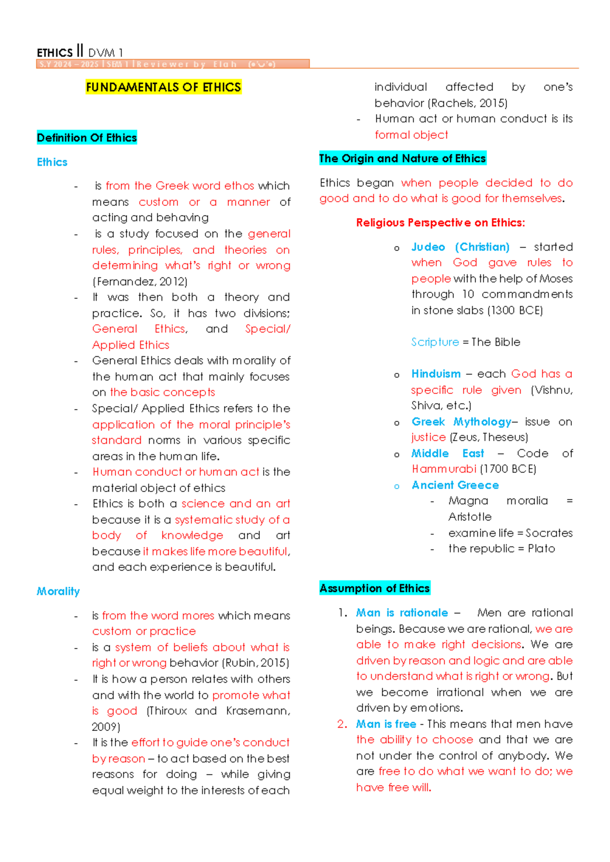 GE 8 Ethics Fundamentals Reviewer: Key Concepts and Principles - Studocu
