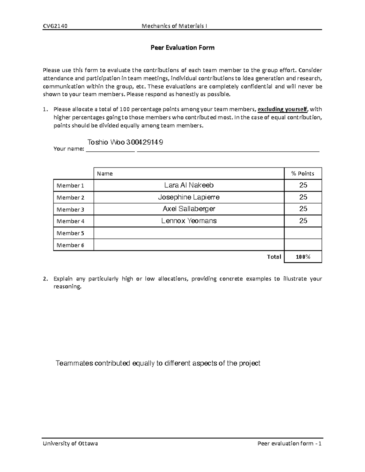 CVG2140 Mechanics of Materials I - Peer Evaluation Form - Studocu