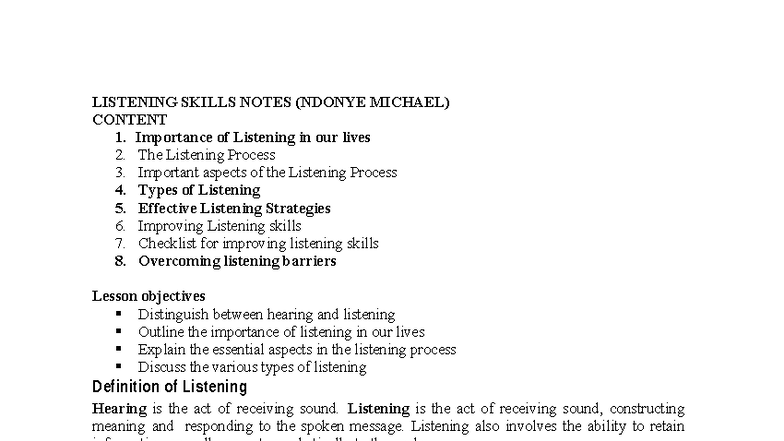 Listening Skills Notes (ACSK 101) - Importance & Strategies - Studocu