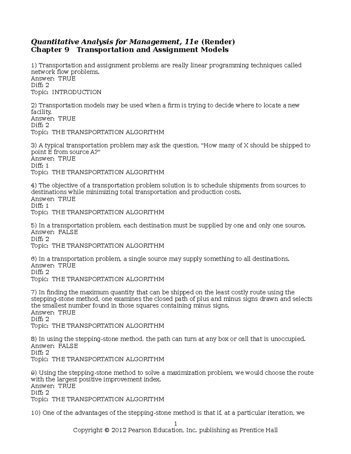 Chapter 9 - Transportation and Assignment Models - Operations ...