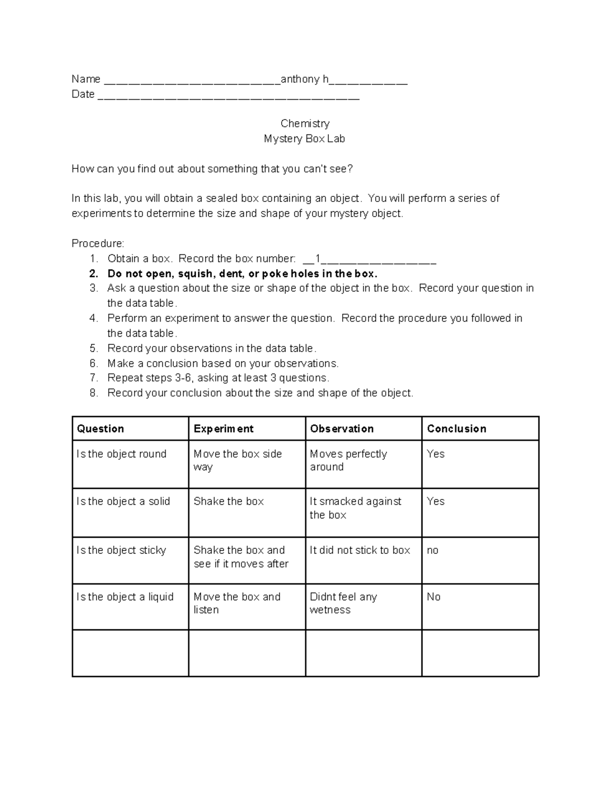 Chem 101: Mystery Box Lab Experiment - Discovering Hidden Objects - Studocu