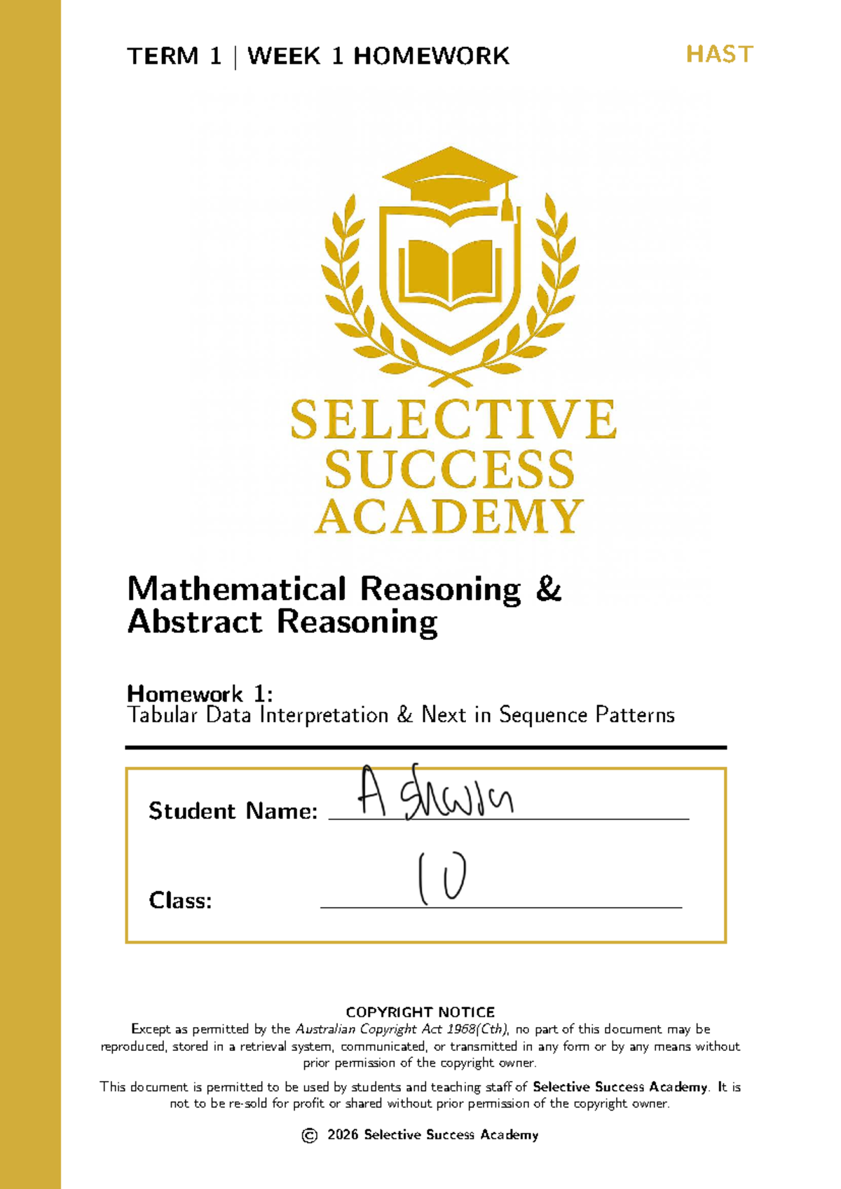 Y10 HAST T1 W1 Homework - Mathematical & Abstract Reasoning Tasks - Studocu