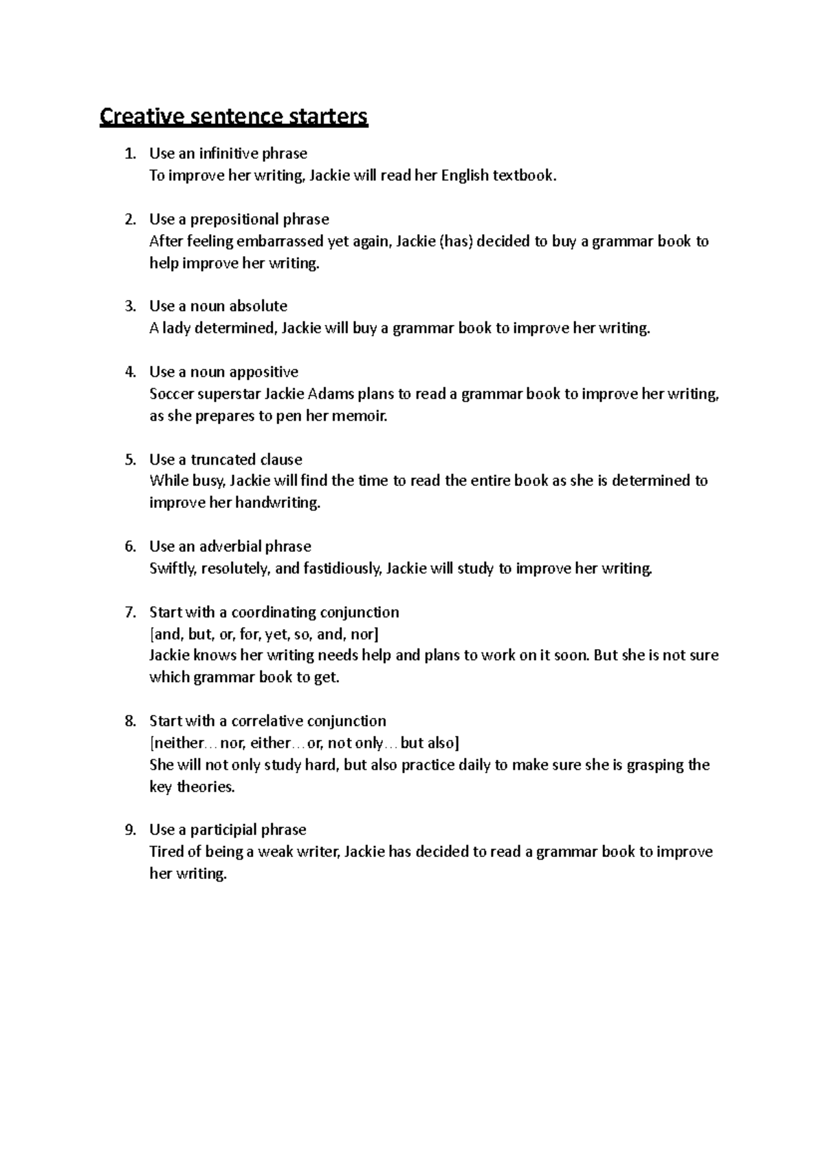 ENG101: Creative Sentence Starters for Improved Writing Skills - Studocu