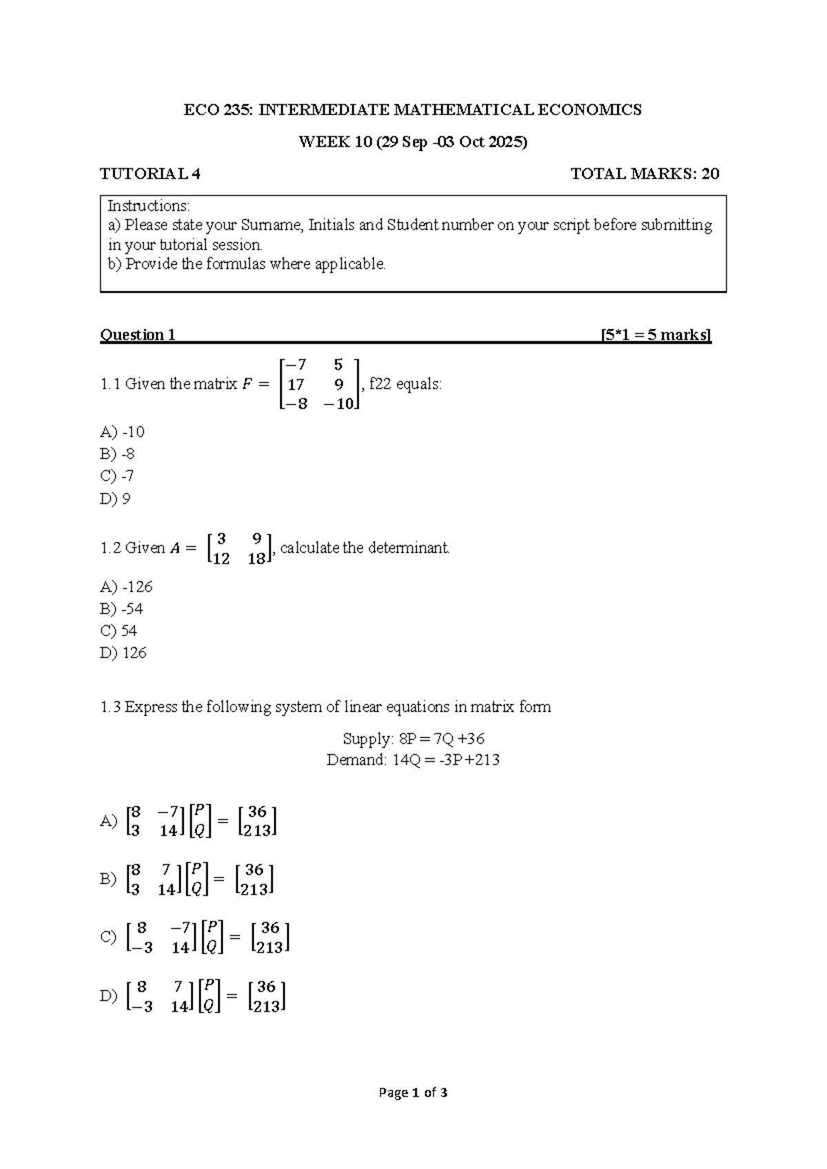 ECO 235: Intermediate Mathematical Economics Tutorial 4 (Week 10) - Studocu