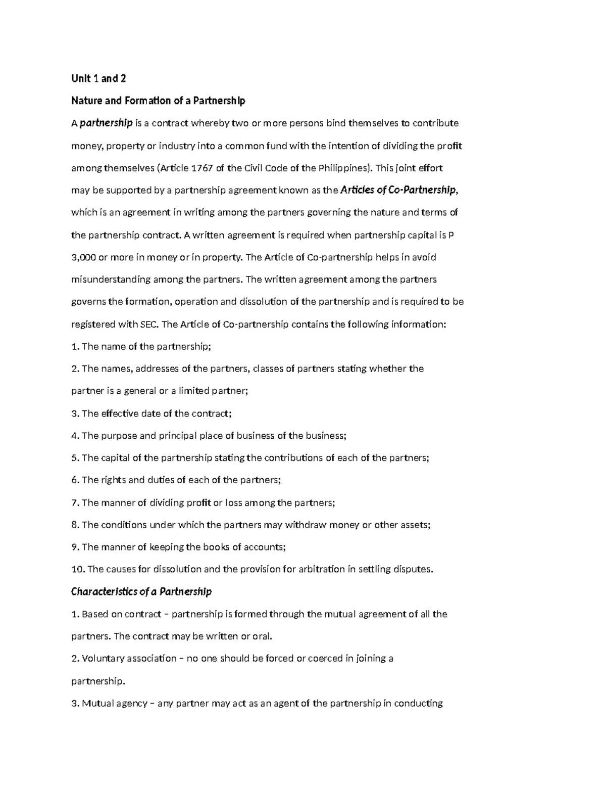 Partnership Formation & Nature Notes - Units 1 & 2 Overview - Studocu