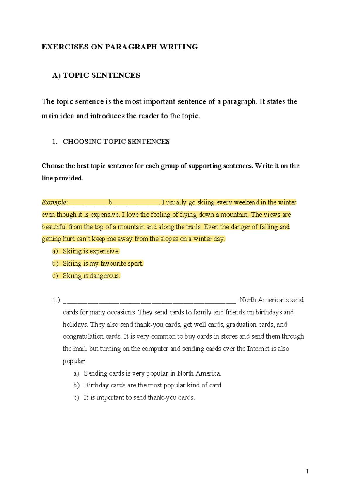 Exercises on Paragraph Writing: Topic Sentences and Supporting Details ...