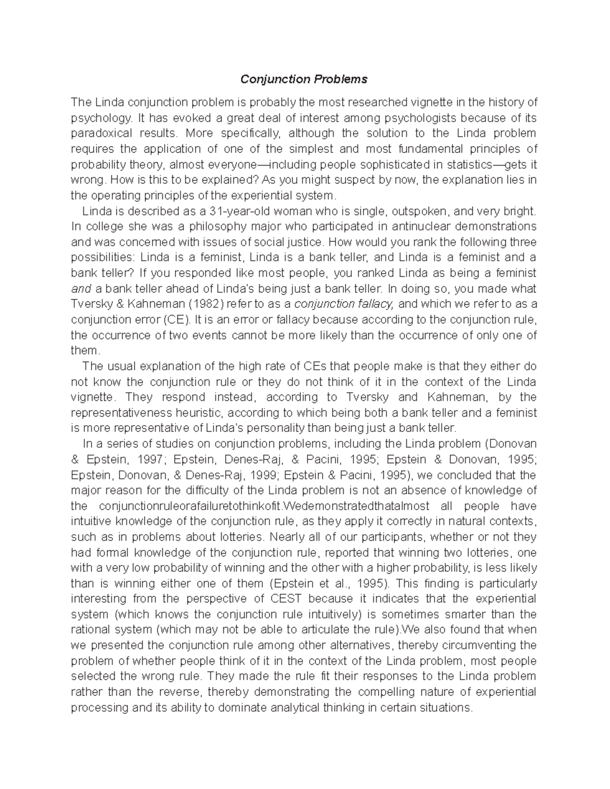 Cognitive-Experiential Self-Theory of Personality - Conjunction Problems The Linda conjunction ...