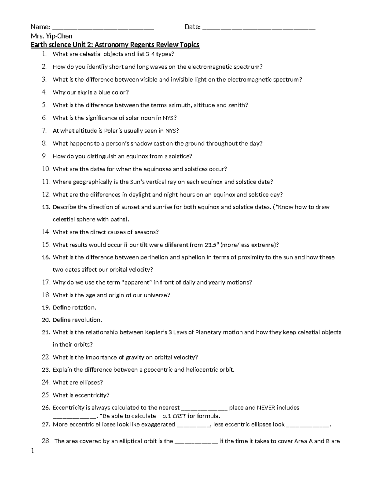 Regents Earth Science Unit 2: Astronomy Review Topics and Concepts ...