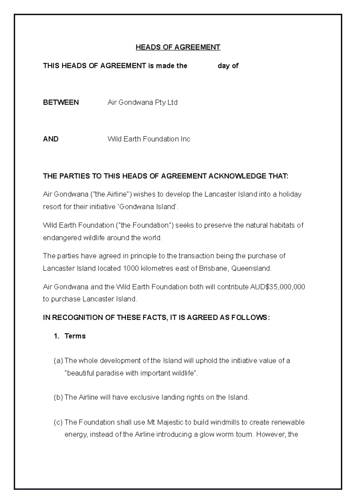 LLB202 - Air Gondwana - Heads OF Agreement - HEADS OF AGREEMENT THIS ...