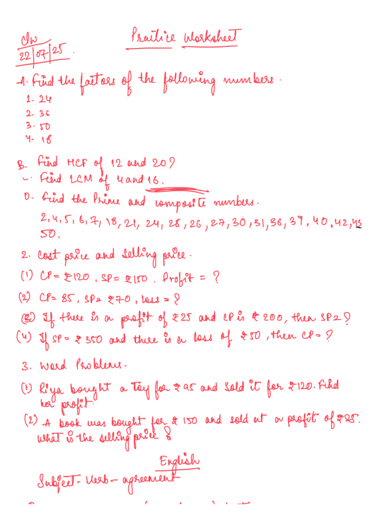 CLW Practice Worksheet: Factors, HCF, and Profit Calculations - Studocu