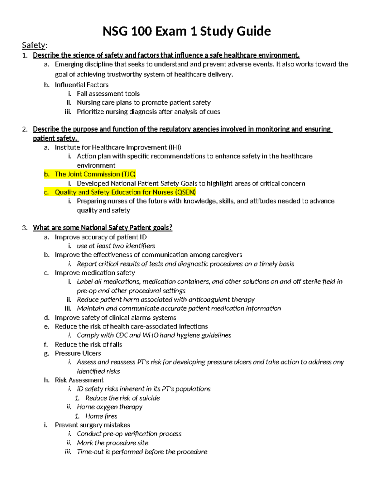 NSG 100 Exam 1 Study Guide - NSG 100 Exam 1 Study Guide Safety: 1. Describe the science of ...