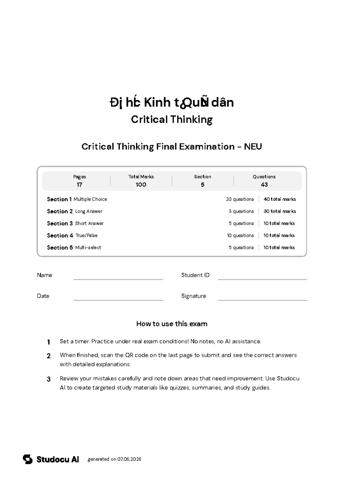 Critical Thinking Final Exam - NEU - Studocu