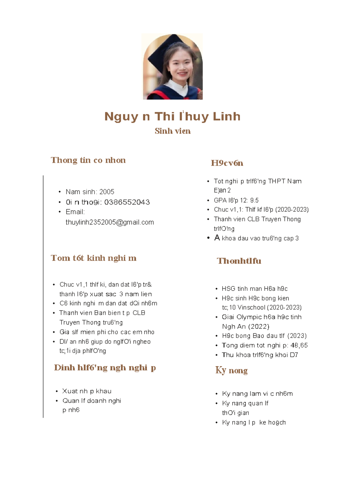CV (2) - Nguy n Thi l 1 huy Linh Sinh vien Thong tin co nhon • Nam sinh: 2005 • 0i n tho 9 i ...